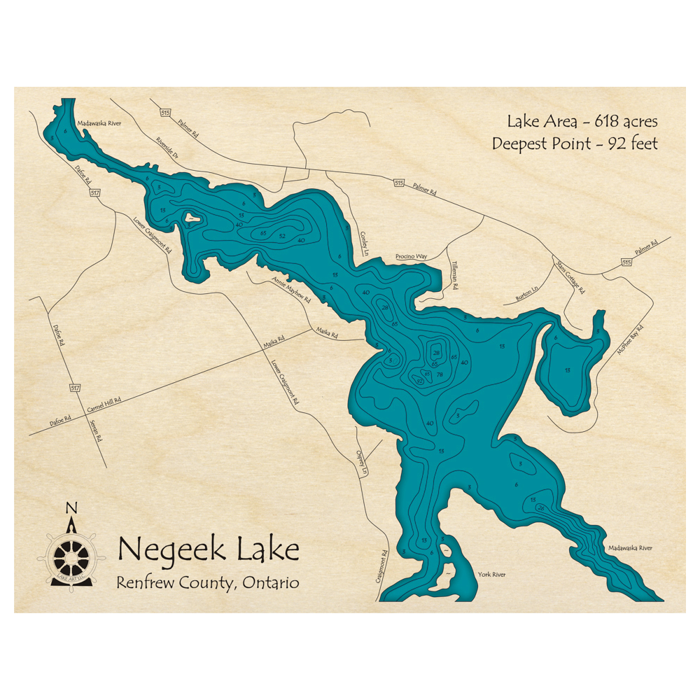Negeek Lake, Ontario 3D Custom Wood Map – Lake Art LLC