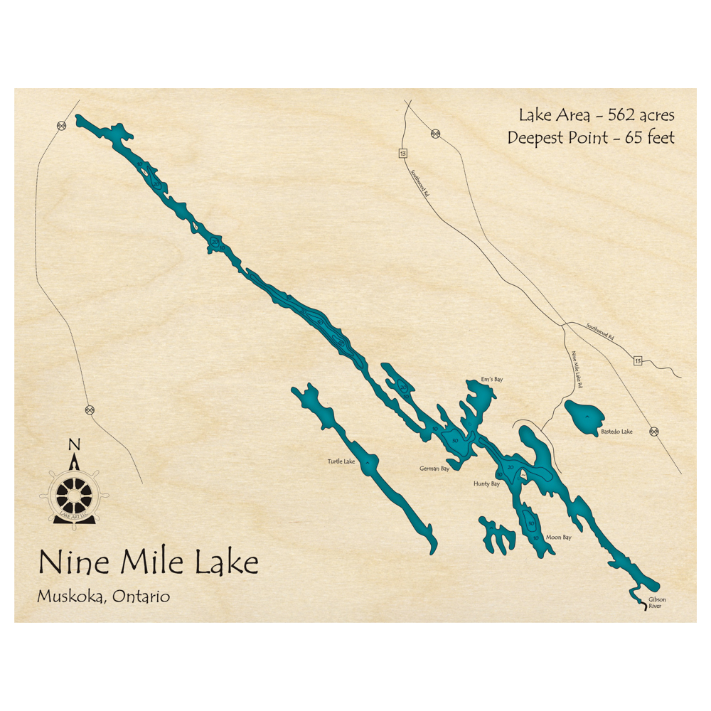Nine Mile Lake, Ontario 3D Custom Wood Map – Lake Art LLC
