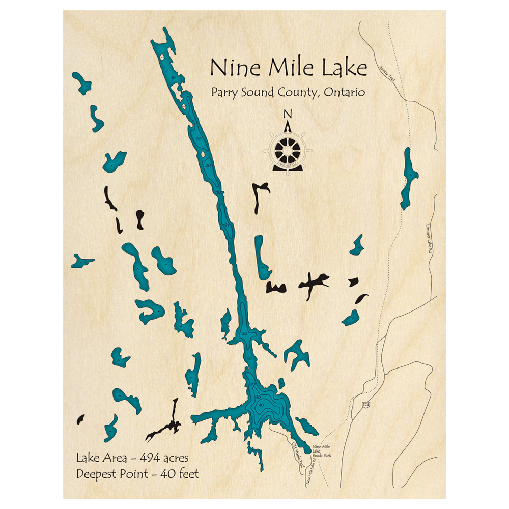 Nine Mile Lake, Ontario 3D Custom Wood Map – Lake Art LLC