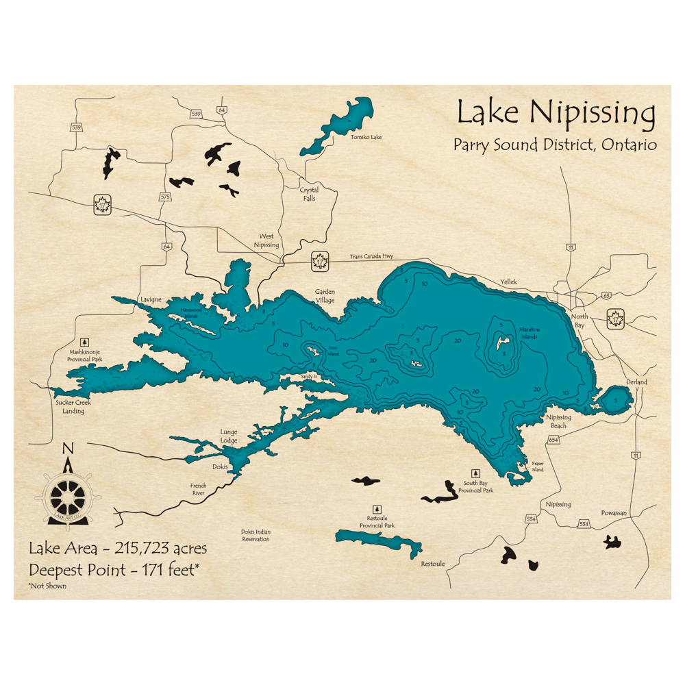 Lake Nipissing, Ontario 3D Custom Wood Map – Lake Art LLC
