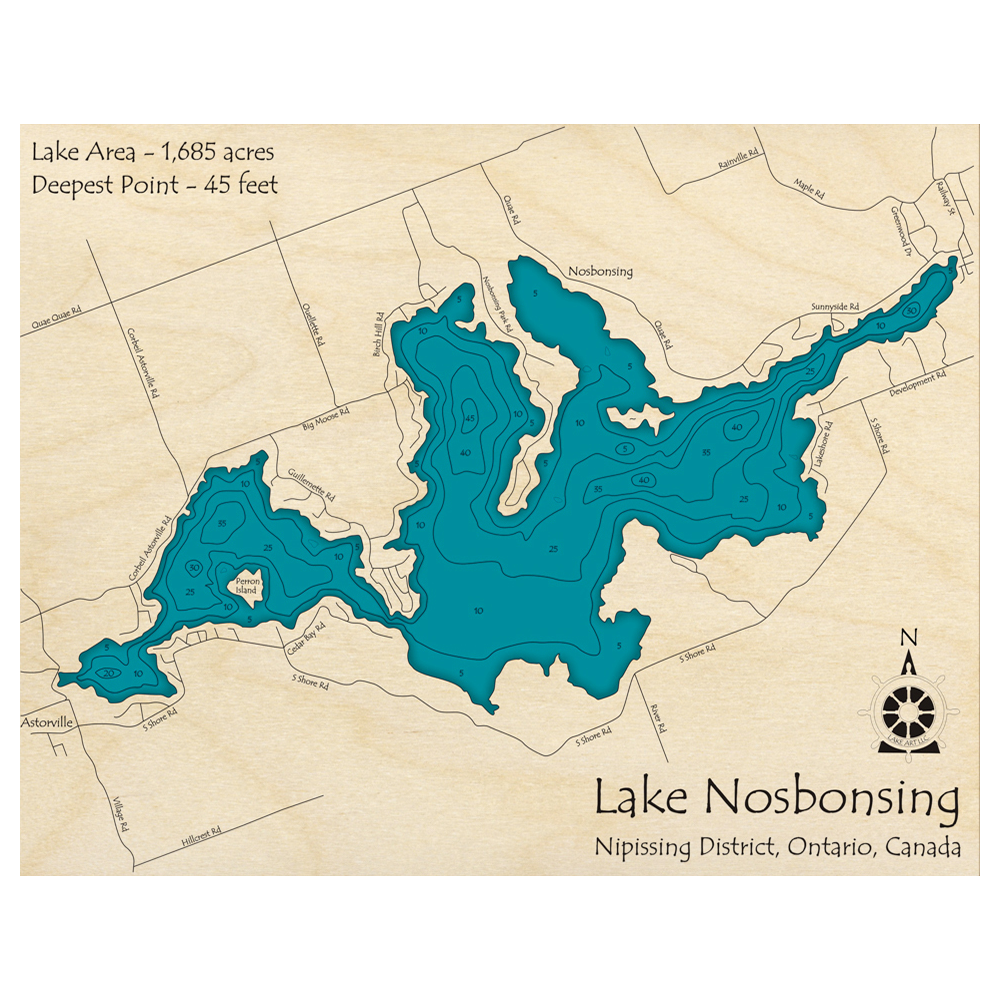Lake Nosbonsing, Ontario 3D Custom Wood Map – Lake Art LLC