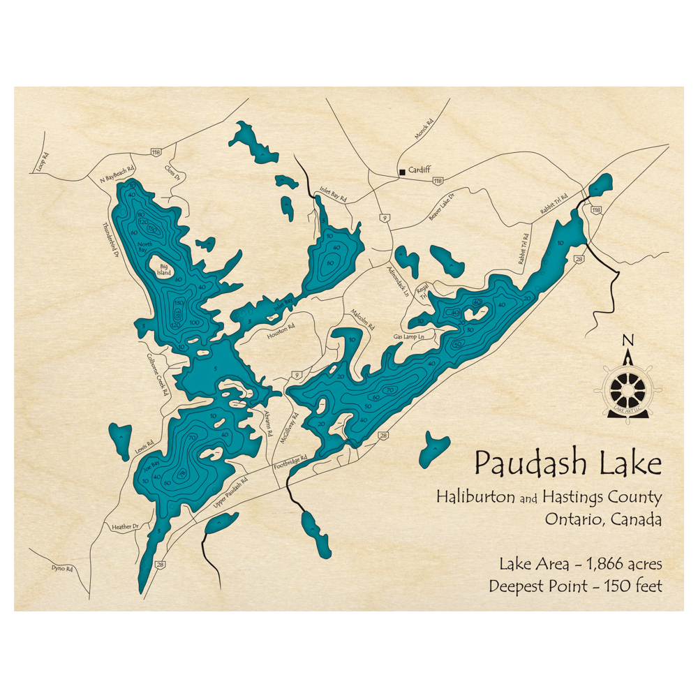 Paudash Lake, Ontario 3D Custom Wood Map – Lake Art LLC
