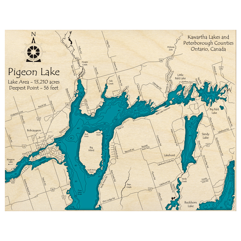 Pigeon Lake, Ontario 3D Custom Wood Map – Lake Art LLC
