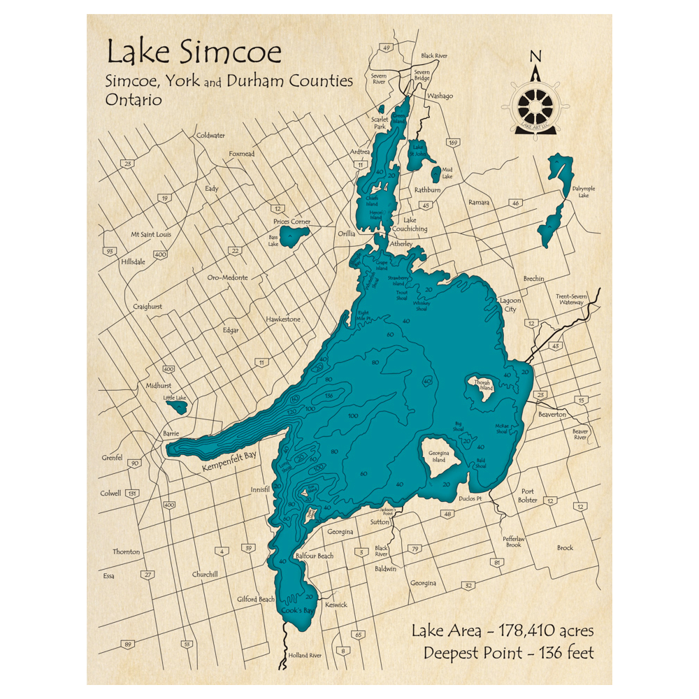 Lake Simcoe, Ontario 3D Custom Wood Map – Lake Art LLC