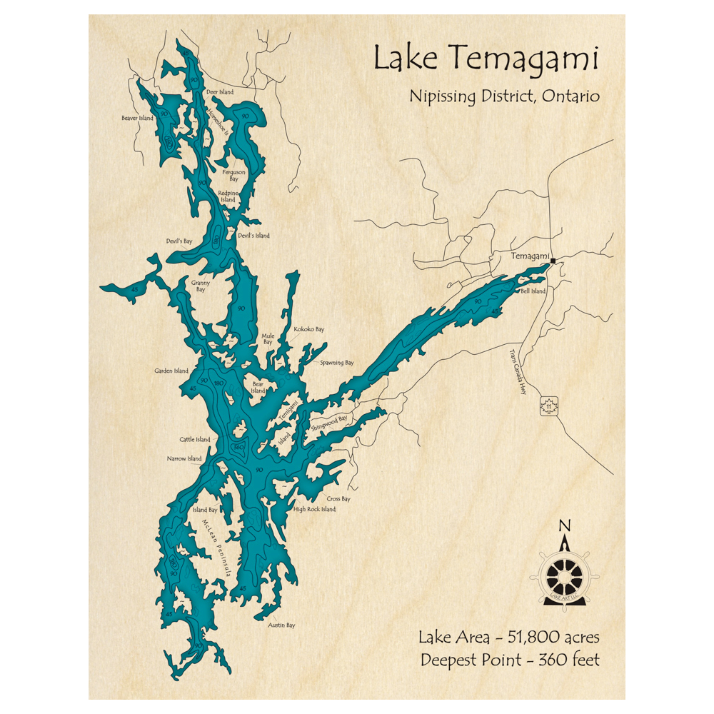 Lake Temagami, Ontario 3D Custom Wood Map – Lake Art LLC