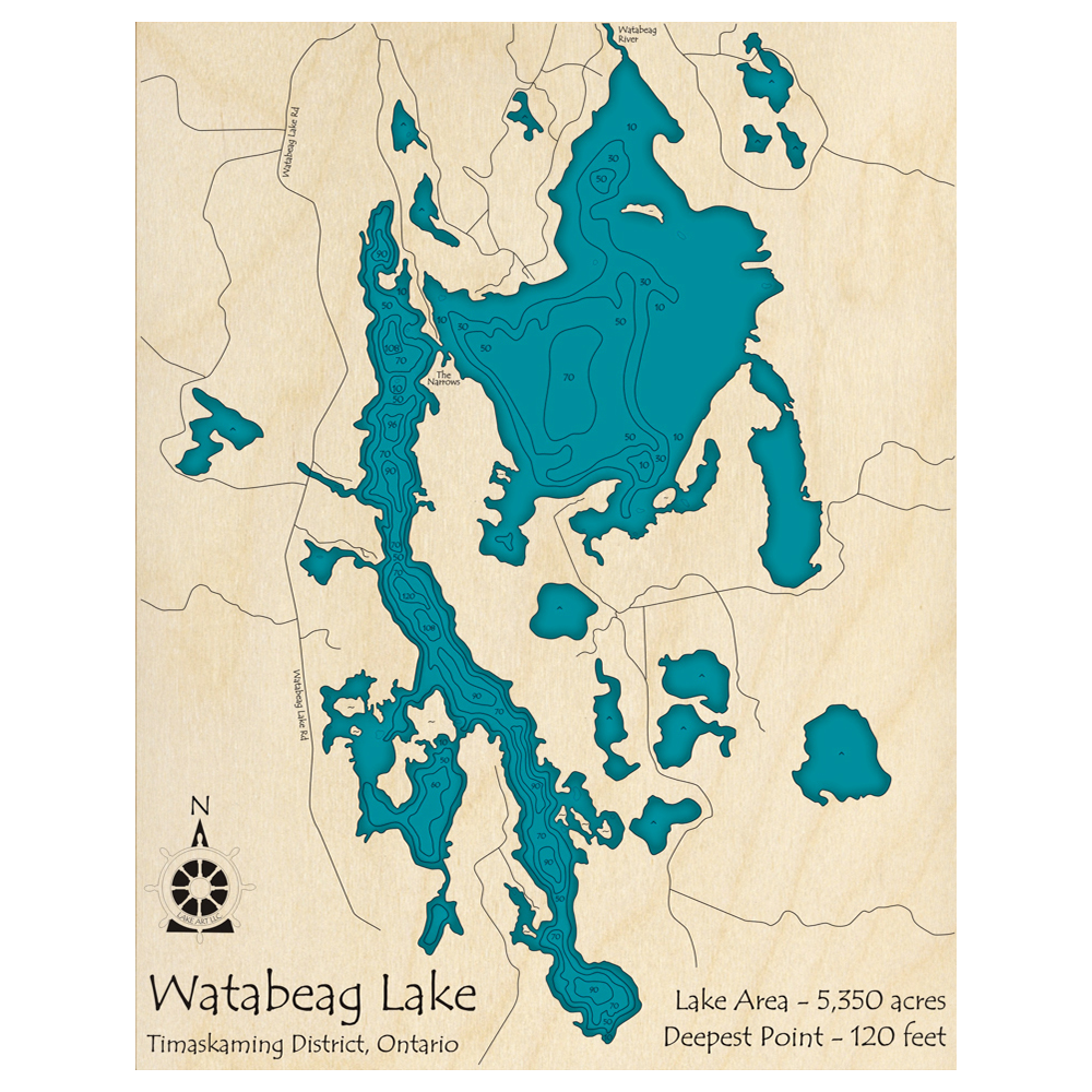 Watabeag Lake, Ontario 3D Custom Wood Map – Lake Art LLC