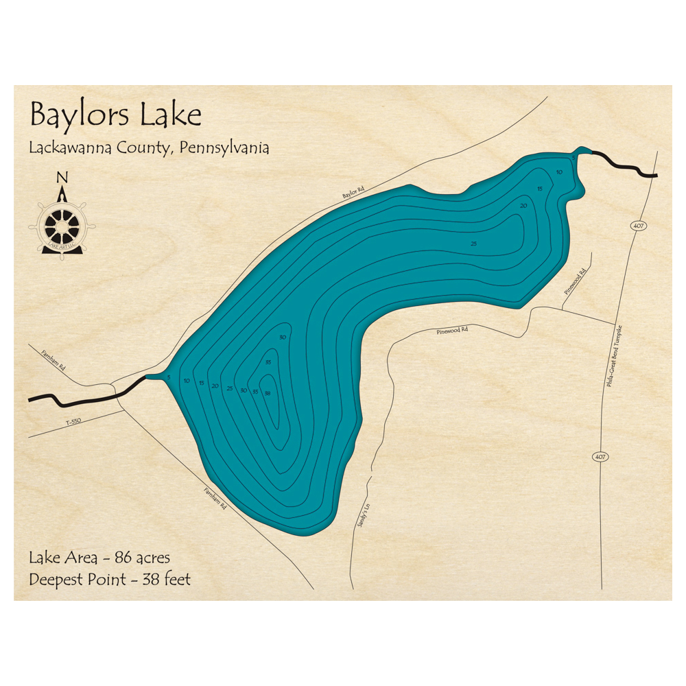 Baylors Pond, Pennsylvania 3D Custom Wood Map – Lake Art LLC