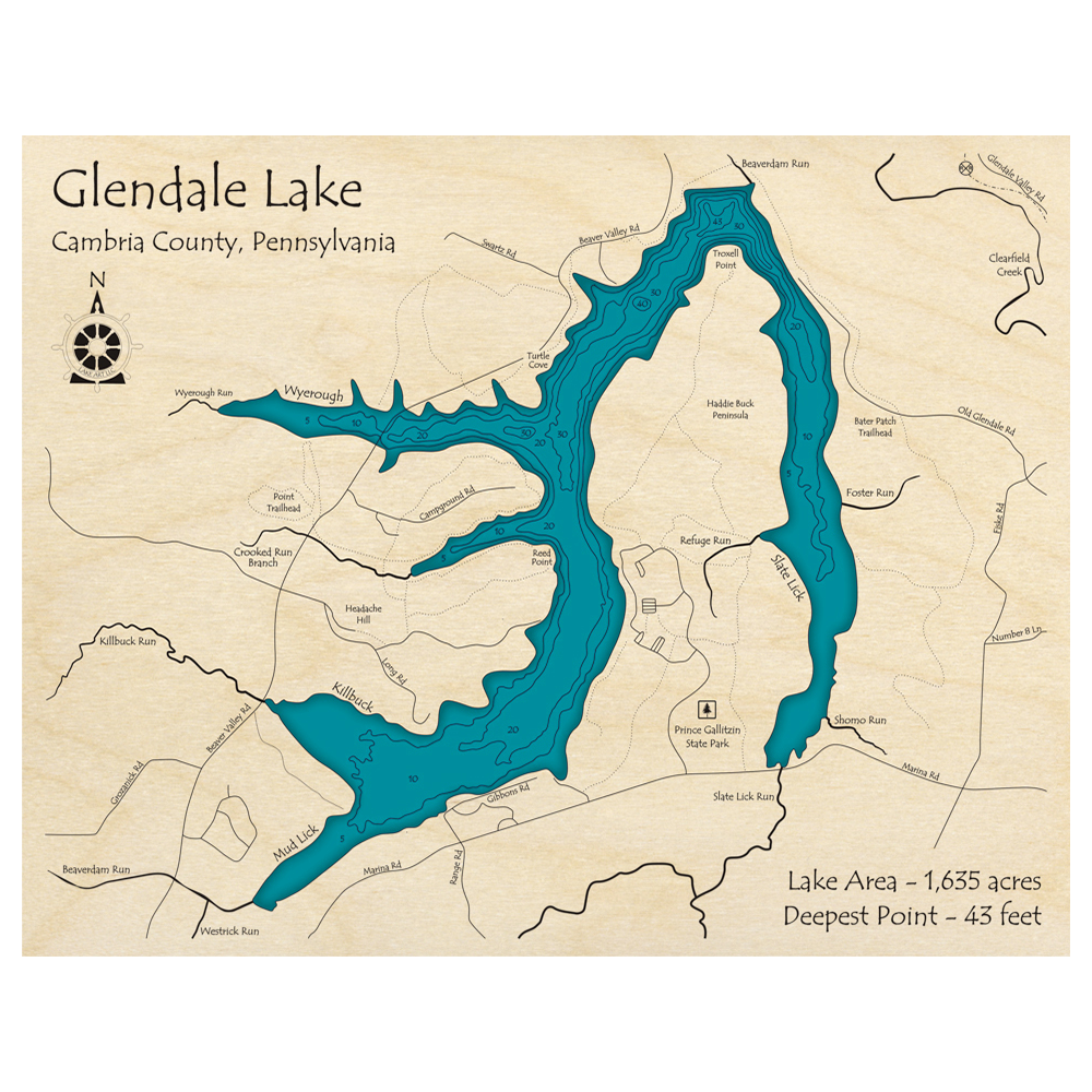 Glendale Lake, Pennsylvania 3D Custom Wood Map – Lake Art LLC