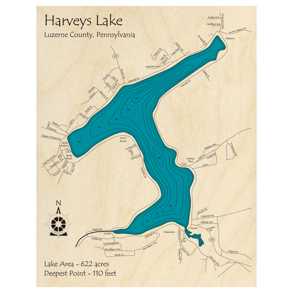 Harveys Lake, Pennsylvania 3D Custom Wood Map – Lake Art LLC