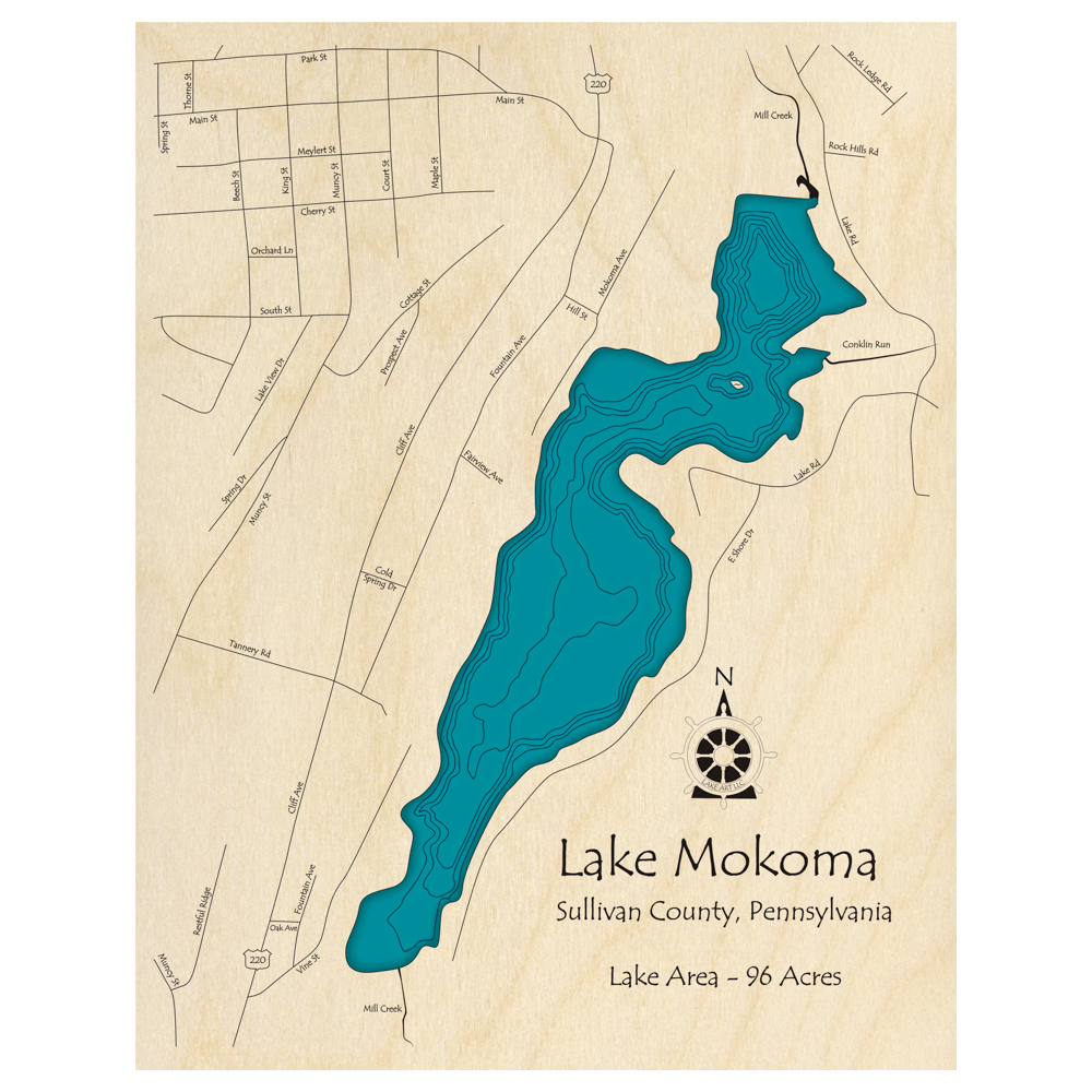 Lake Mokoma, Pennsylvania 3D Custom Wood Map – Lake Art LLC