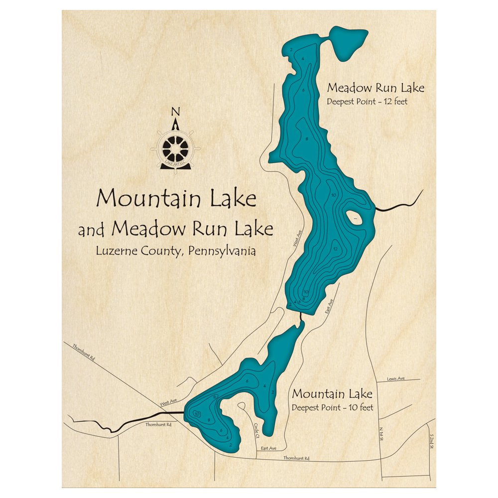 Mountain Lake and Meadow Run Lake, Pennsylvania 3D Custom Wood Map ...