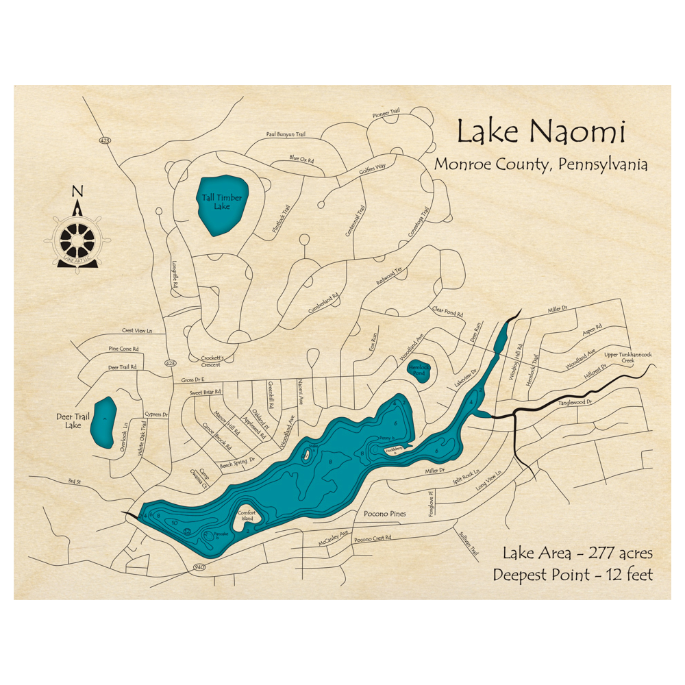 Lake Naomi, Pennsylvania 3D Custom Wood Map – Lake Art LLC