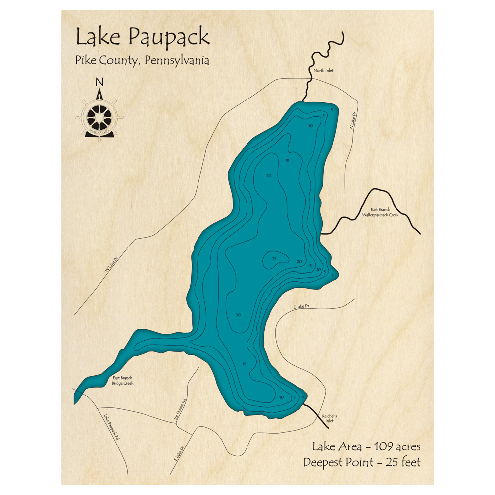 Lake Paupack, Pennsylvania 3D Custom Wood Map – Lake Art LLC