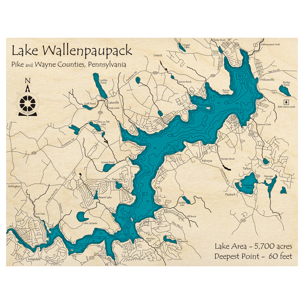 Lake Wallenpaupack, Pennsylvania 3D Custom Wood Map – Lake Art LLC