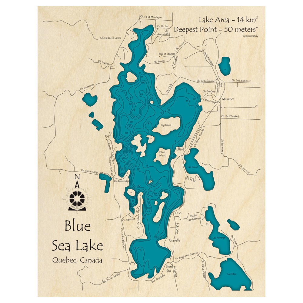 Blue Sea Lake, Quebec 3D Custom Wood Map – Lake Art LLC