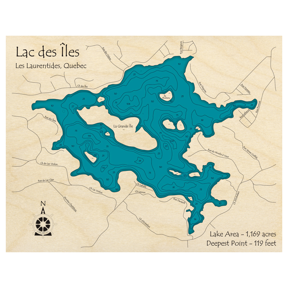 Lac des Iles, Quebec 3D Custom Wood Map – Lake Art LLC