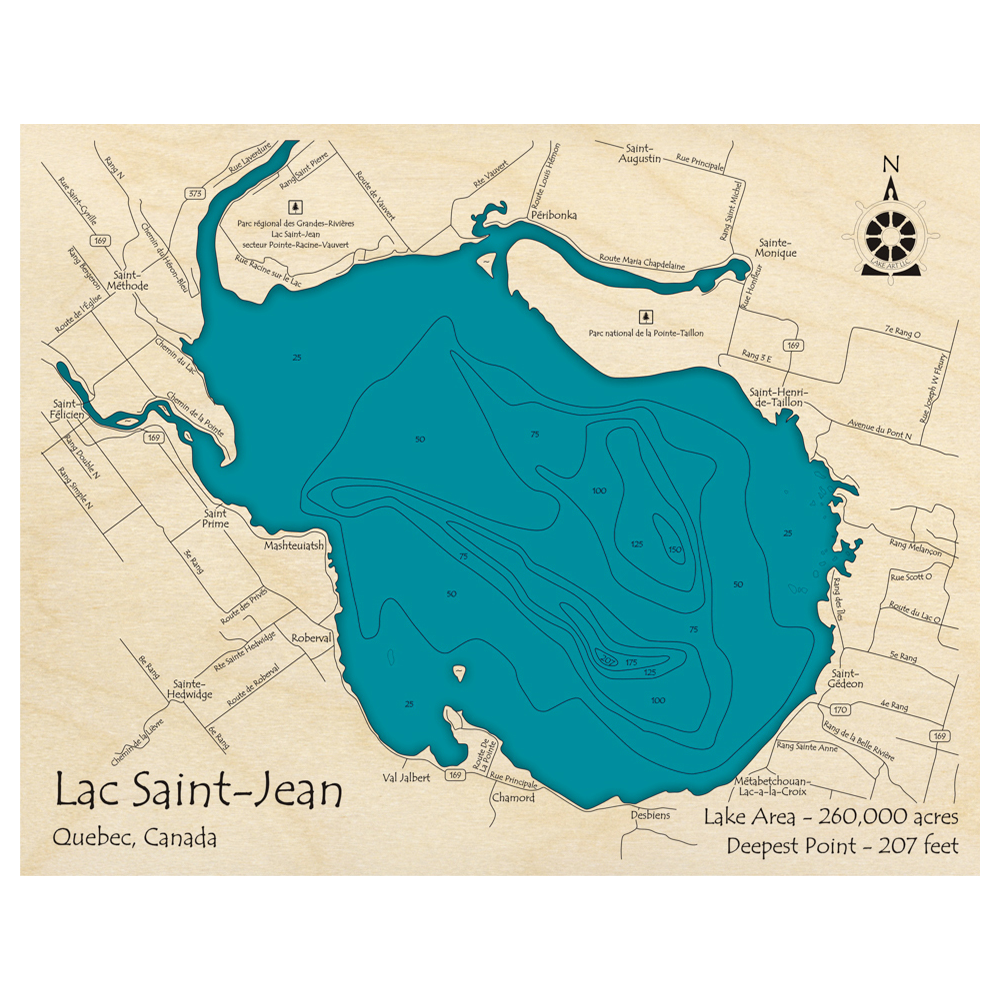 Lac Saint Jean, Quebec 3D Custom Wood Map – Lake Art LLC