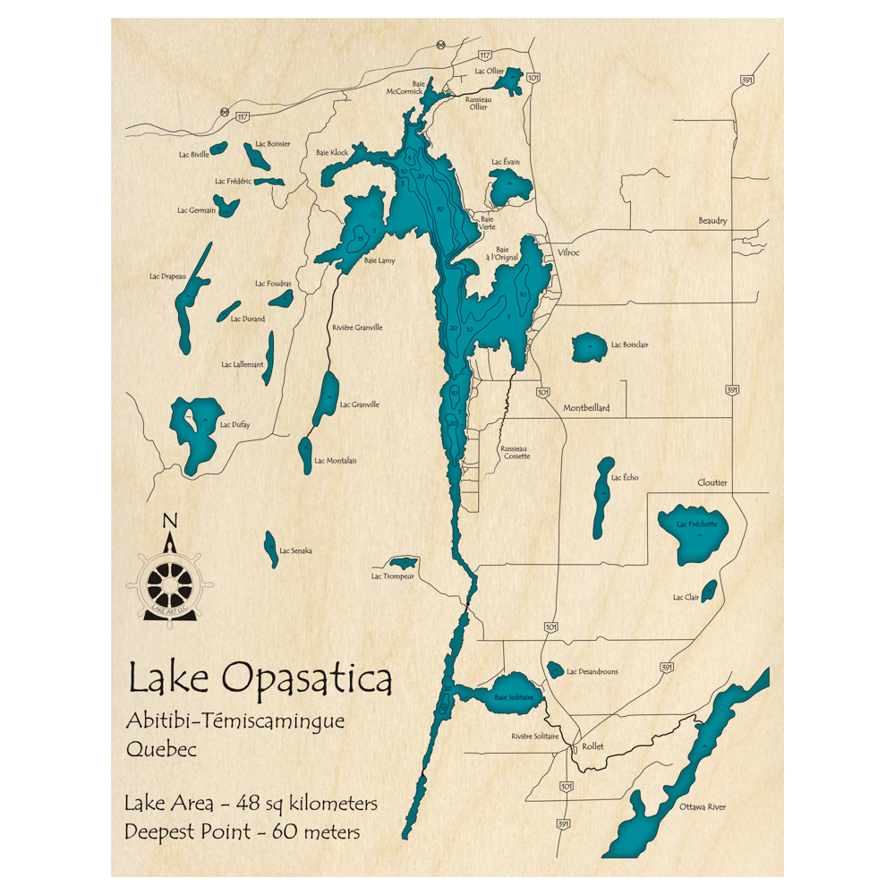 Lake Opasatica, Quebec 3D Custom Wood Map – Lake Art LLC