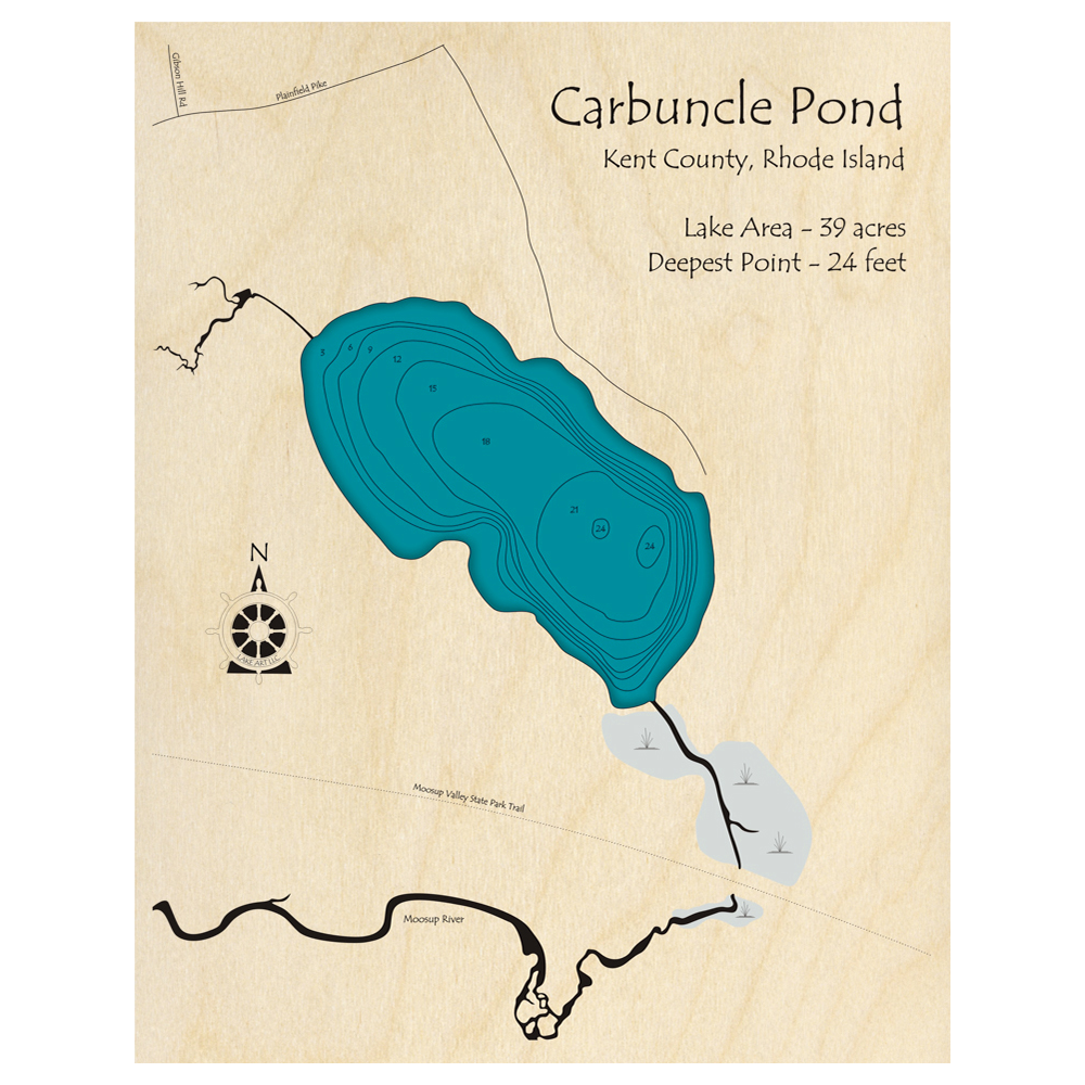 Carbuncle Pond, Rhode Island 3D Custom Wood Map – Lake Art LLC