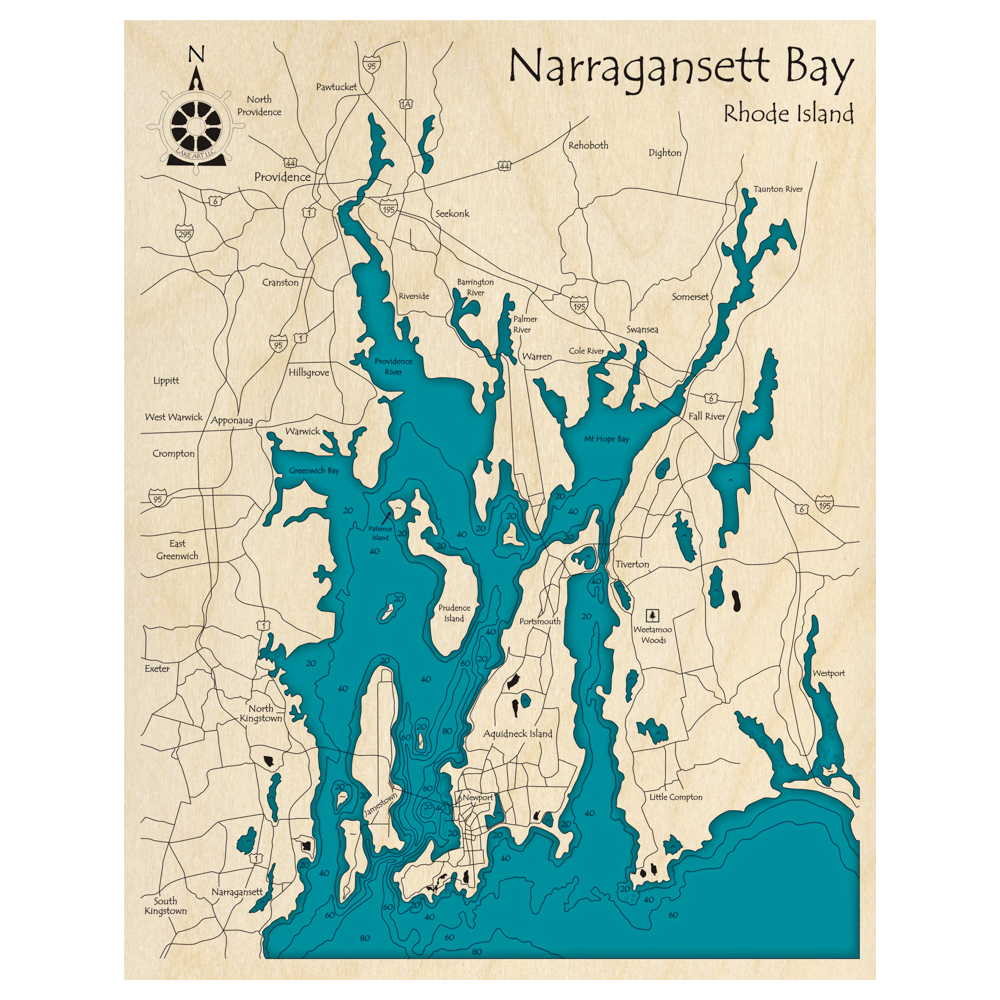 Narragansett Bay, Rhode Island 3D Custom Wood Map – Lake Art LLC