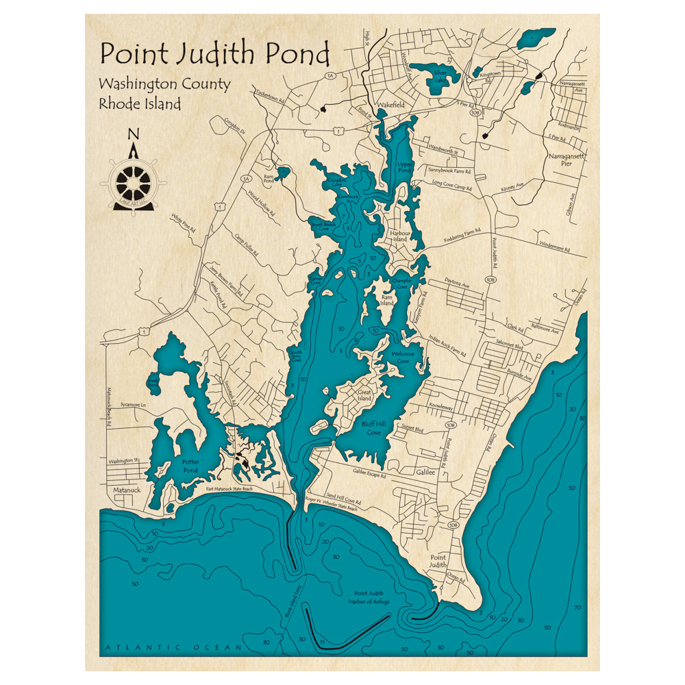 Point Judith Pond, Rhode Island 3D Custom Wood Map – Lake Art LLC