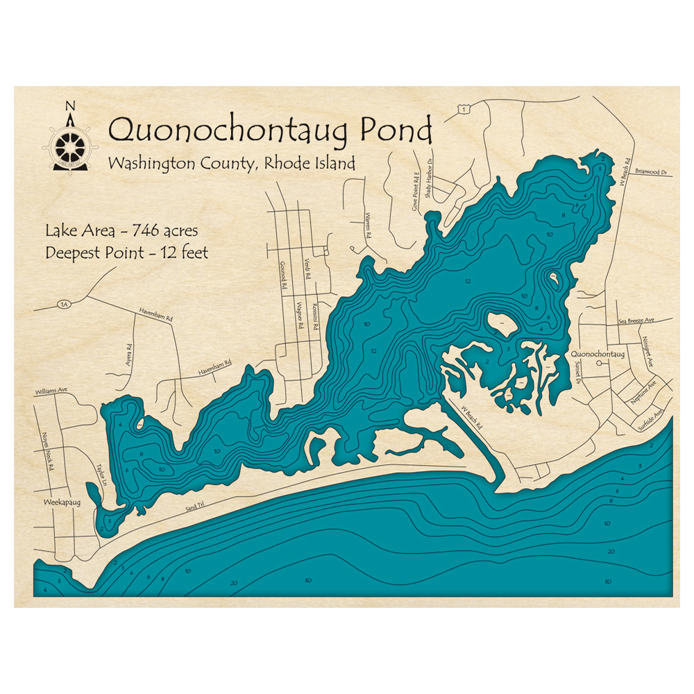 Quonochontaug Pond, Rhode Island 3D Custom Wood Map – Lake Art LLC