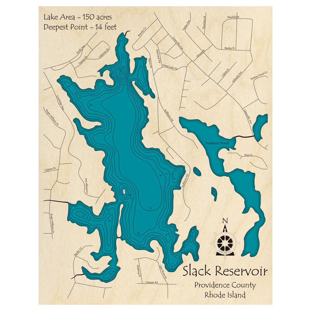 Slack Reservoir, Rhode Island 3D Custom Wood Map – Lake Art LLC