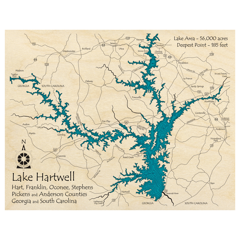 Lake Hartwell (GA, SC) 3D Custom Wood Map – Lake Art LLC
