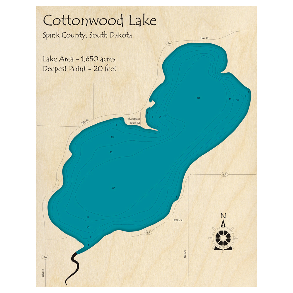 Cottonwood Lake, South Dakota 3D Custom Wood Map – Lake Art LLC