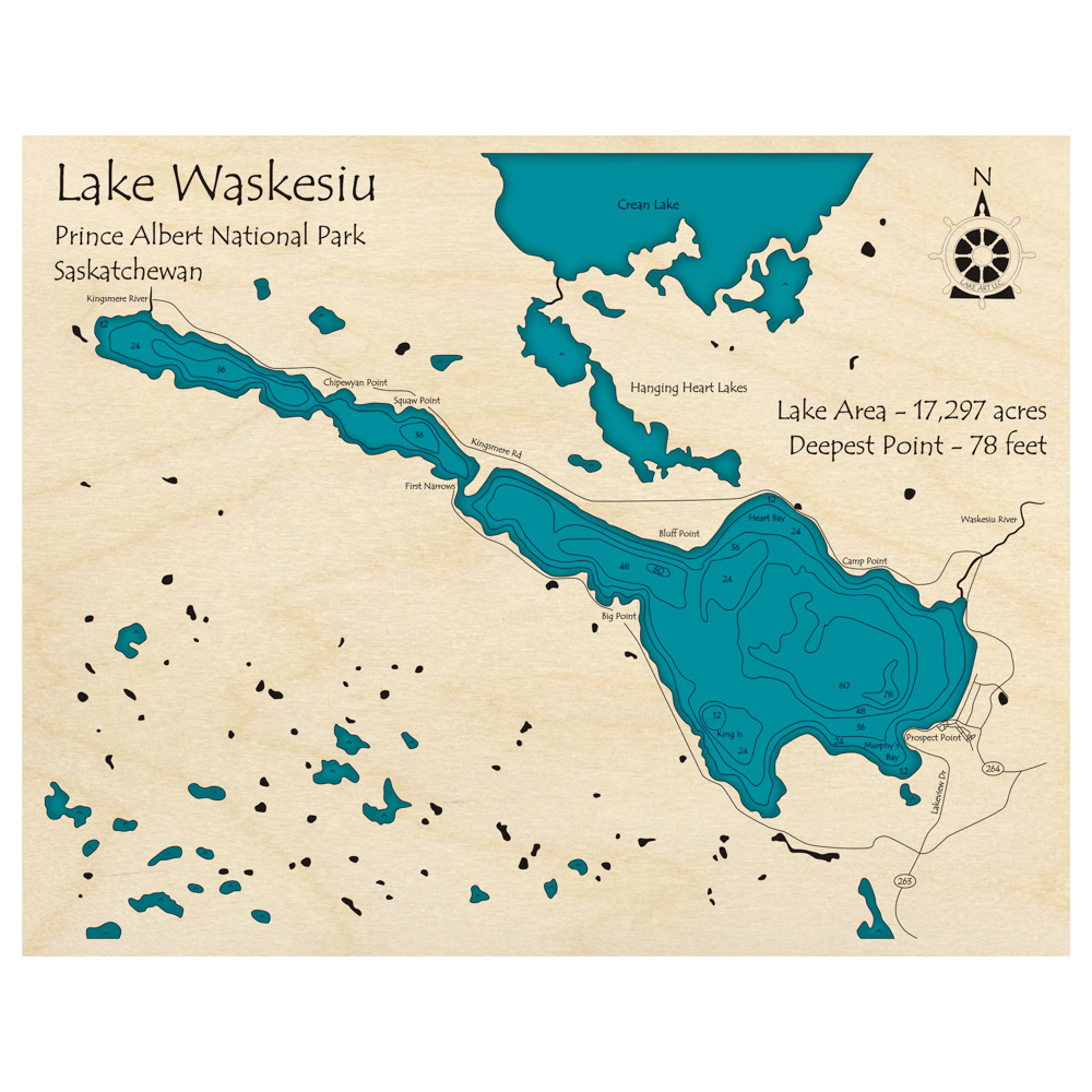 Lake Waskesiu, Saskatchewan 3D Custom Wood Map – Lake Art LLC