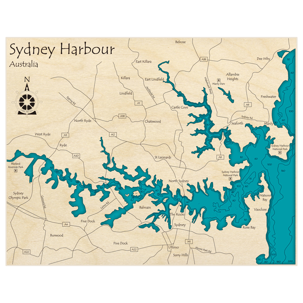 Sydney Harbor 3D Custom Wood Map – Lake Art LLC