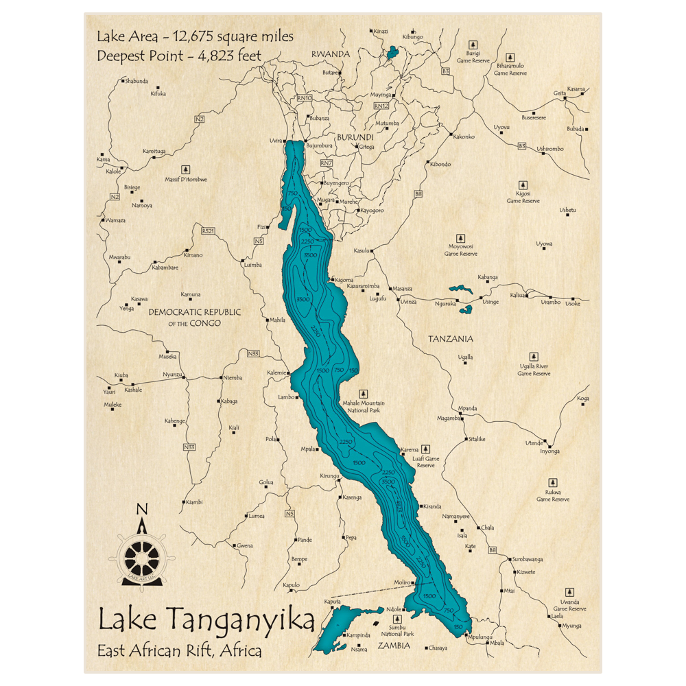 Lake Tanganyika 3D Custom Wood Map – Lake Art LLC