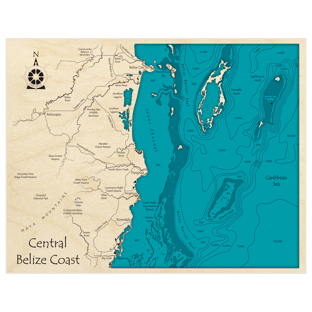 Central Belize Coast 3D Custom Wood Map – Lake Art LLC