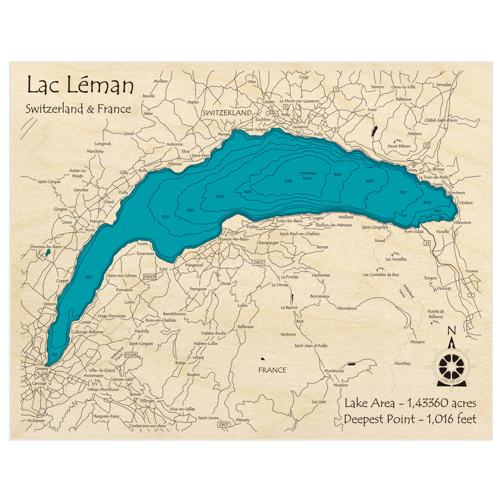 Lac Leman 3D Custom Wood Map – Lake Art LLC