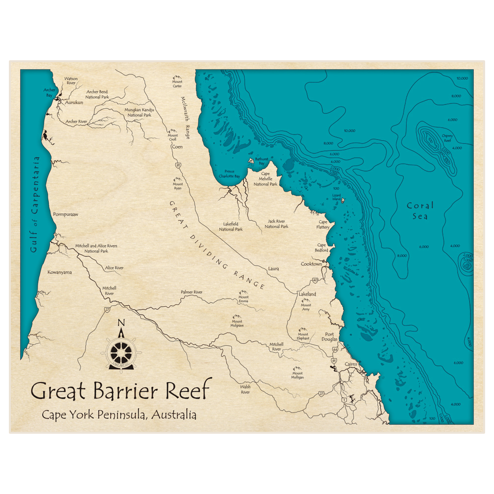Great Barrier Reef 3D Custom Wood Map – Lake Art LLC