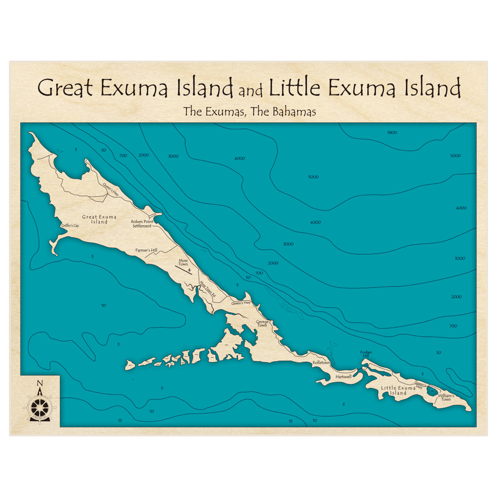 Great Exuma & Little Exuma Islands 3D Custom Wood Map – Lake Art LLC