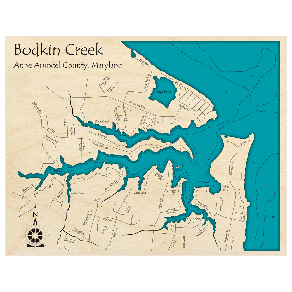 Bodkin Creek 3D Custom Wood Map – Lake Art LLC