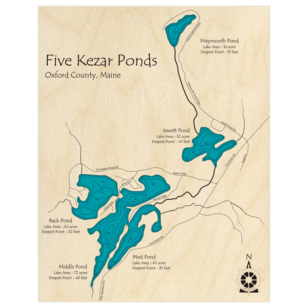 Five Kezar Ponds plus Weymouth Pond 3D Custom Wood Map – Lake Art LLC