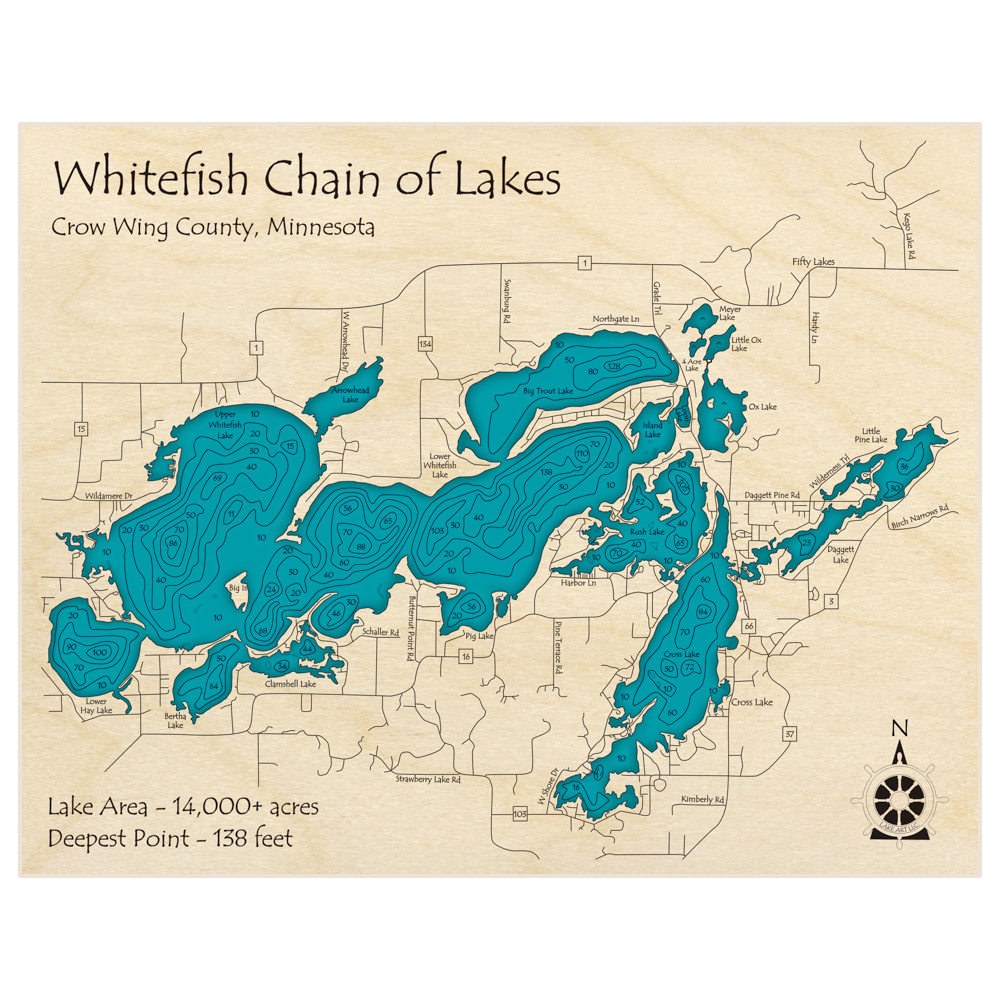 Whitefish Chain of Lakes 3D Custom Wood Map – Lake Art LLC