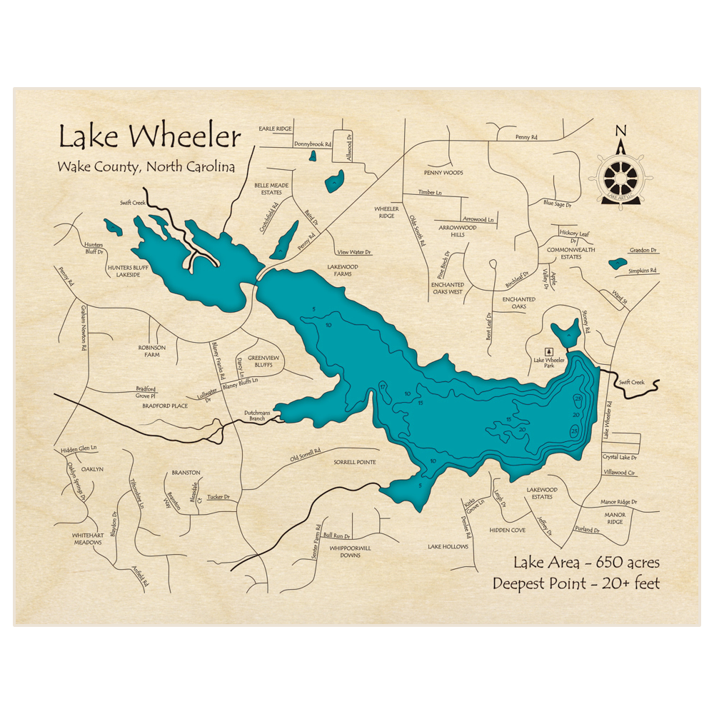 Lake Wheeler 3D Custom Wood Map – Lake Art LLC