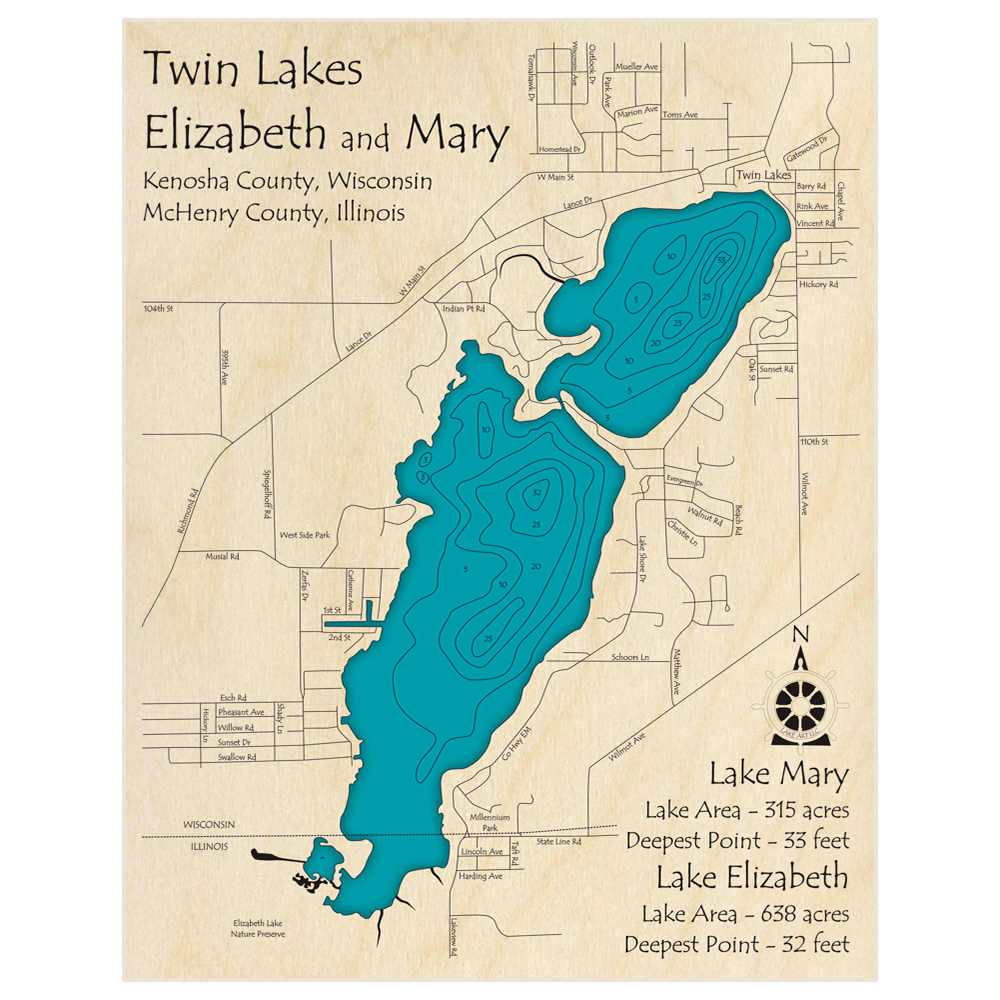 Lakes Elizabeth & Mary 3D Custom Wood Map – Lake Art LLC